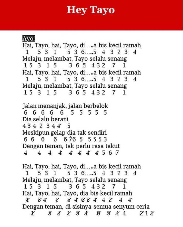 Not Hey Tayo Serta Chord Dan Liriknya | Not Angka Jawa